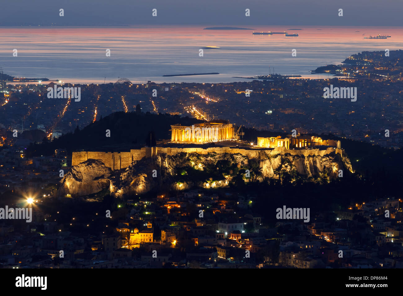 Athens skyline aerial view in the afternoon with the lights over blue ...