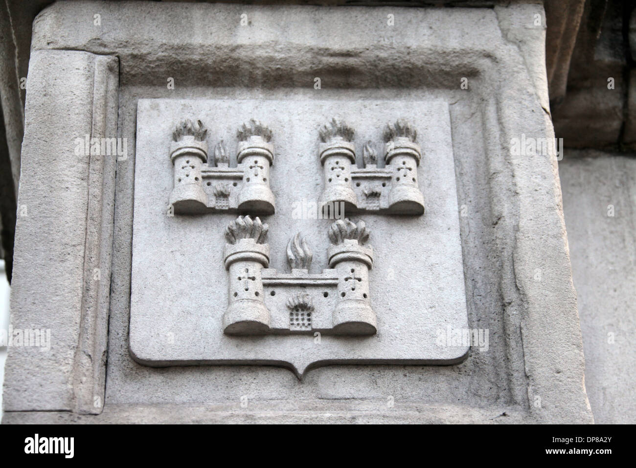 Three Burning Castles in stone at the front of the City Hall in Dublin ...