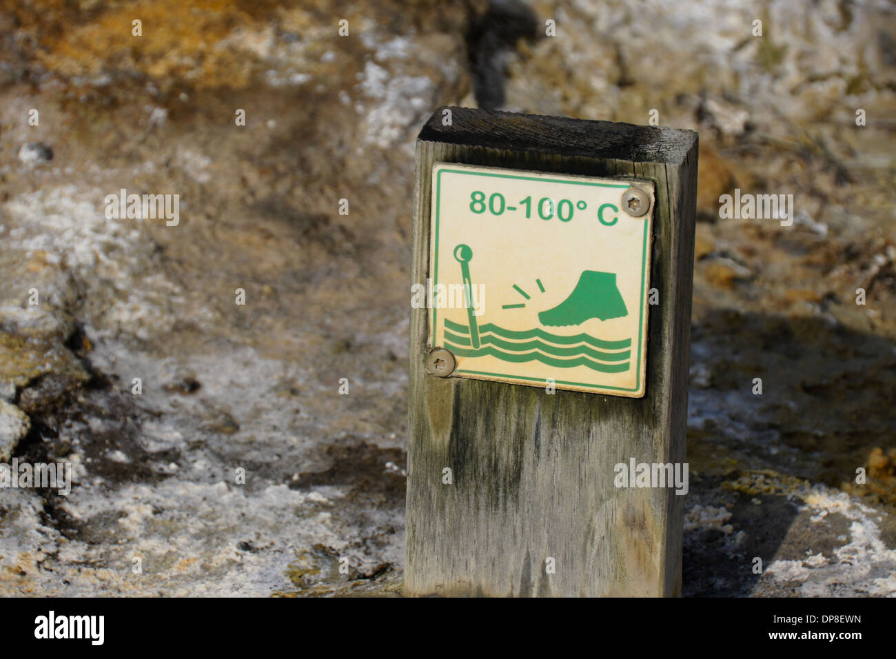 Sign warning the ground is hot to walk on, due to geothermal activity ...