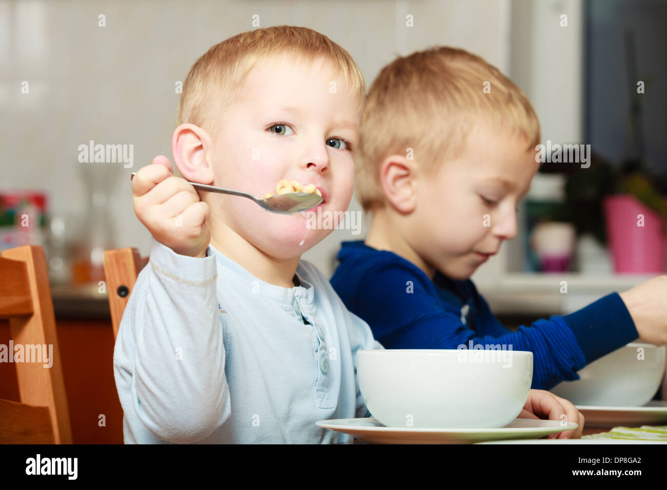 Two blond brothers boys kids children eating corn flakes breakfast ...