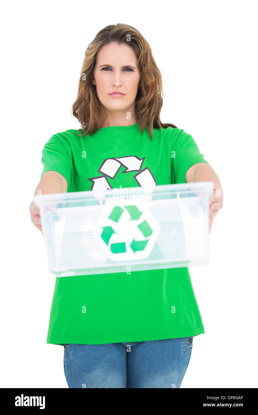 Serious environmental activist holding recycling box Stock Photo - Alamy