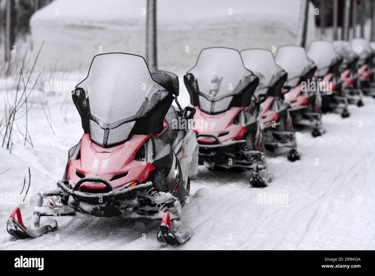 snowmobiles in the snow in the winter Stock Photo - Alamy