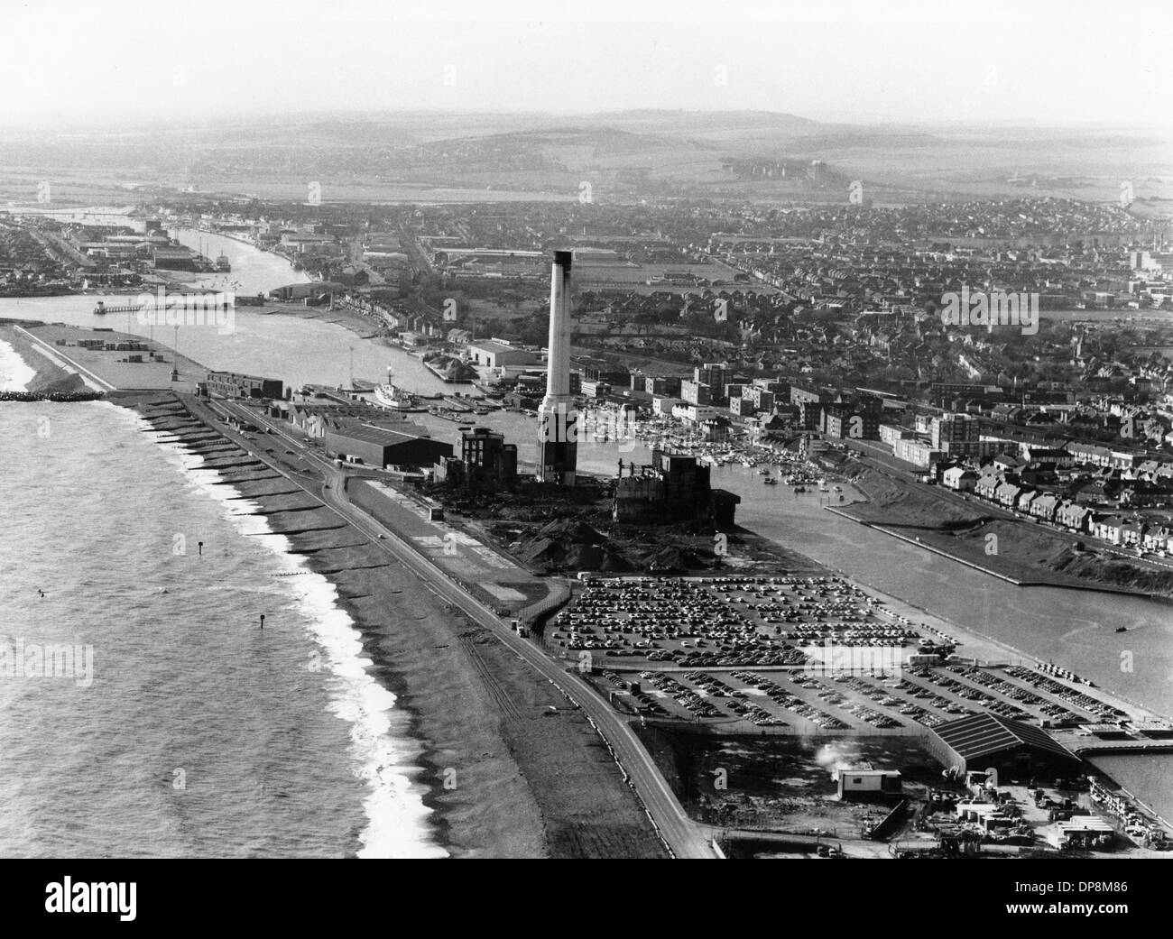 Shoreham Power Station with the last chimney standing during demolition ...