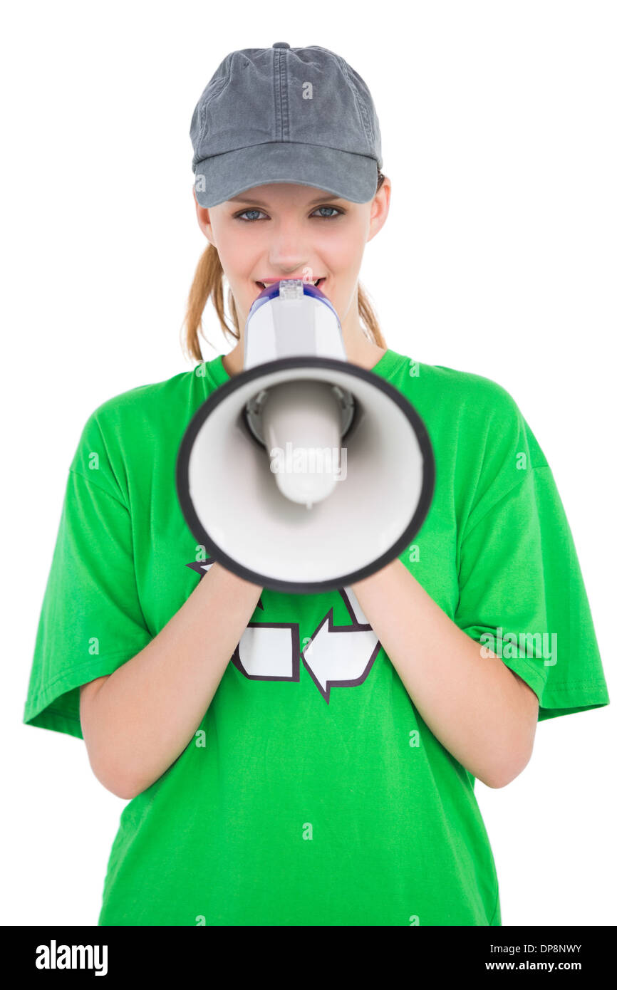 Amused pretty environmental activist speaking in a megaphone Stock ...