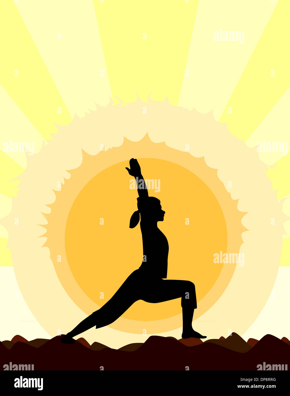 A woman performing a yoga asana against the rising sun Stock Photo - Alamy