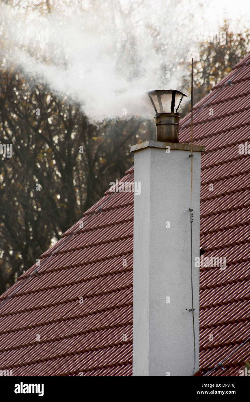 Smokestack on the tiled roof Stock Photo - Alamy