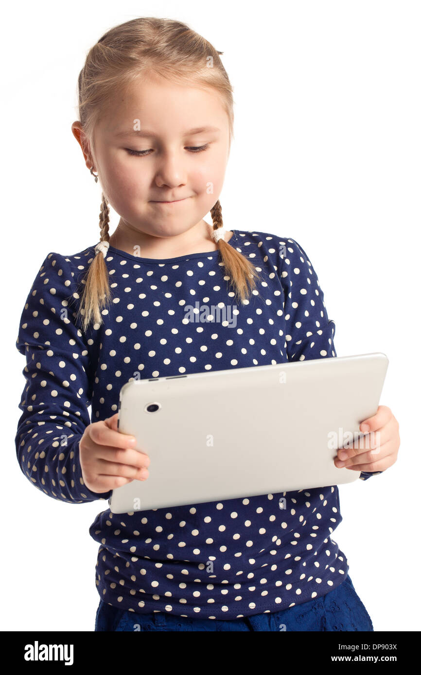 little girl with tablet on white background Stock Photo - Alamy
