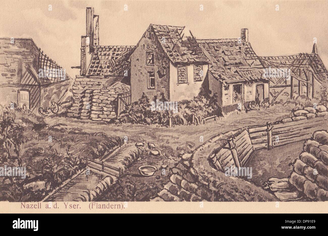 A German field postcard from World War I shows a destroyed farmstead In ...