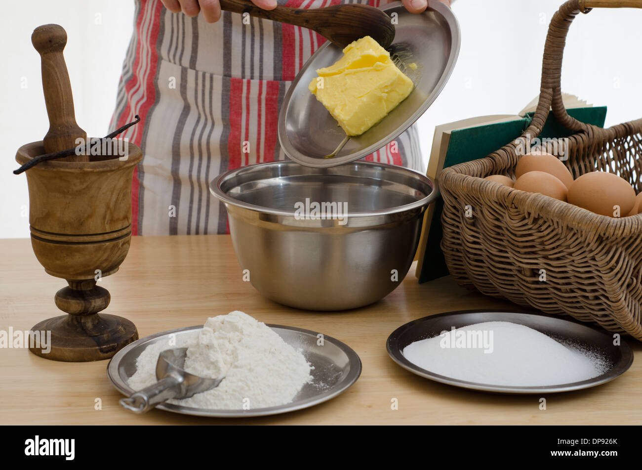 Person baking a cake, adding the butter to a bowl & surrounded by the ...
