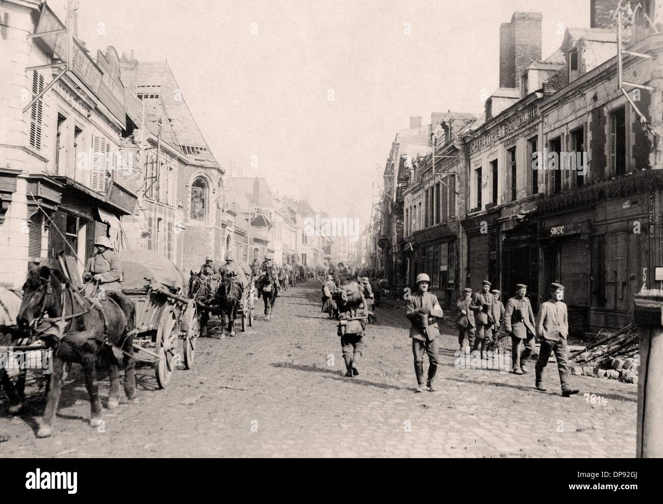 German columns march through St. Quentin on the Western Front during ...