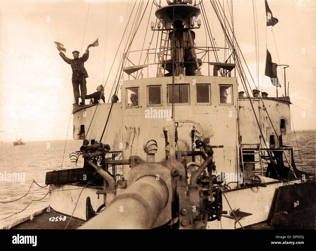 The bridge of a German mine sweeper of the mine sweeper fleet with a ...