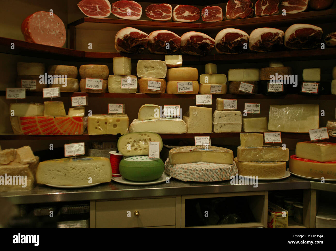 Cheese display in the Orefici Market in central Bologna, known as the ...