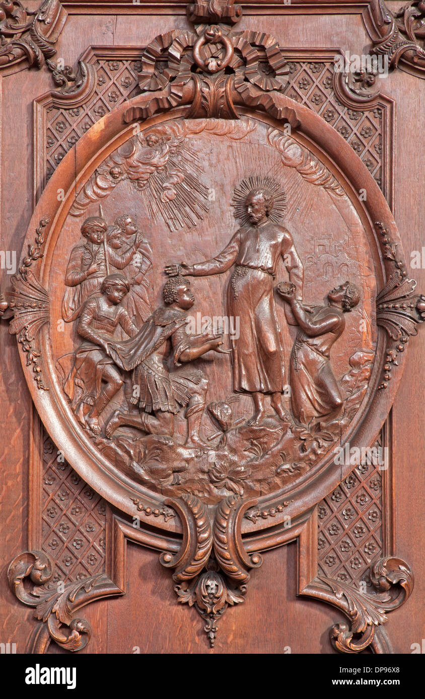 Antwerp - Carved scene as st. Francis Xavier baptist the king of ...