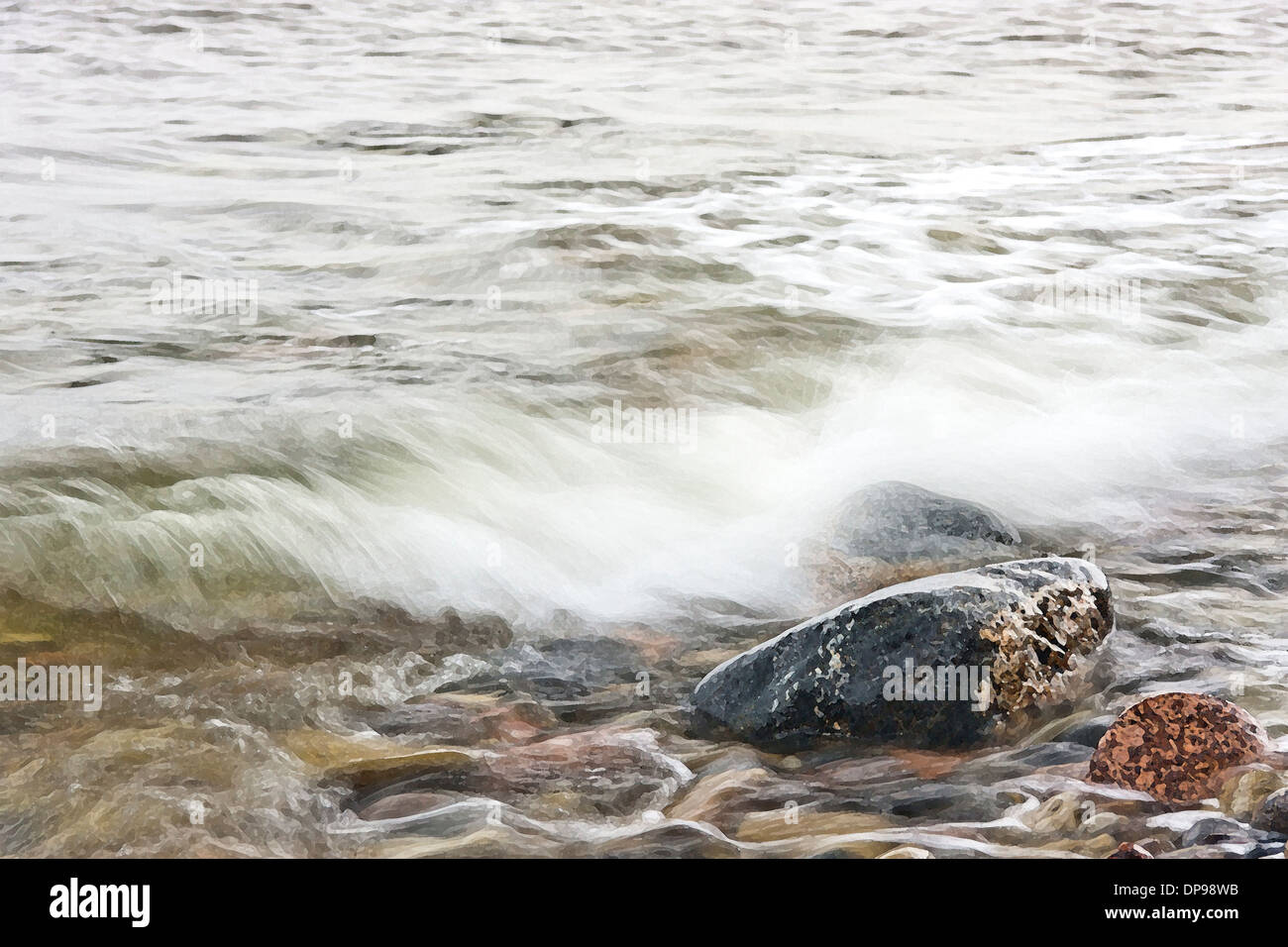 Picture with painting effect of wet rocks in sea with white waves Stock ...