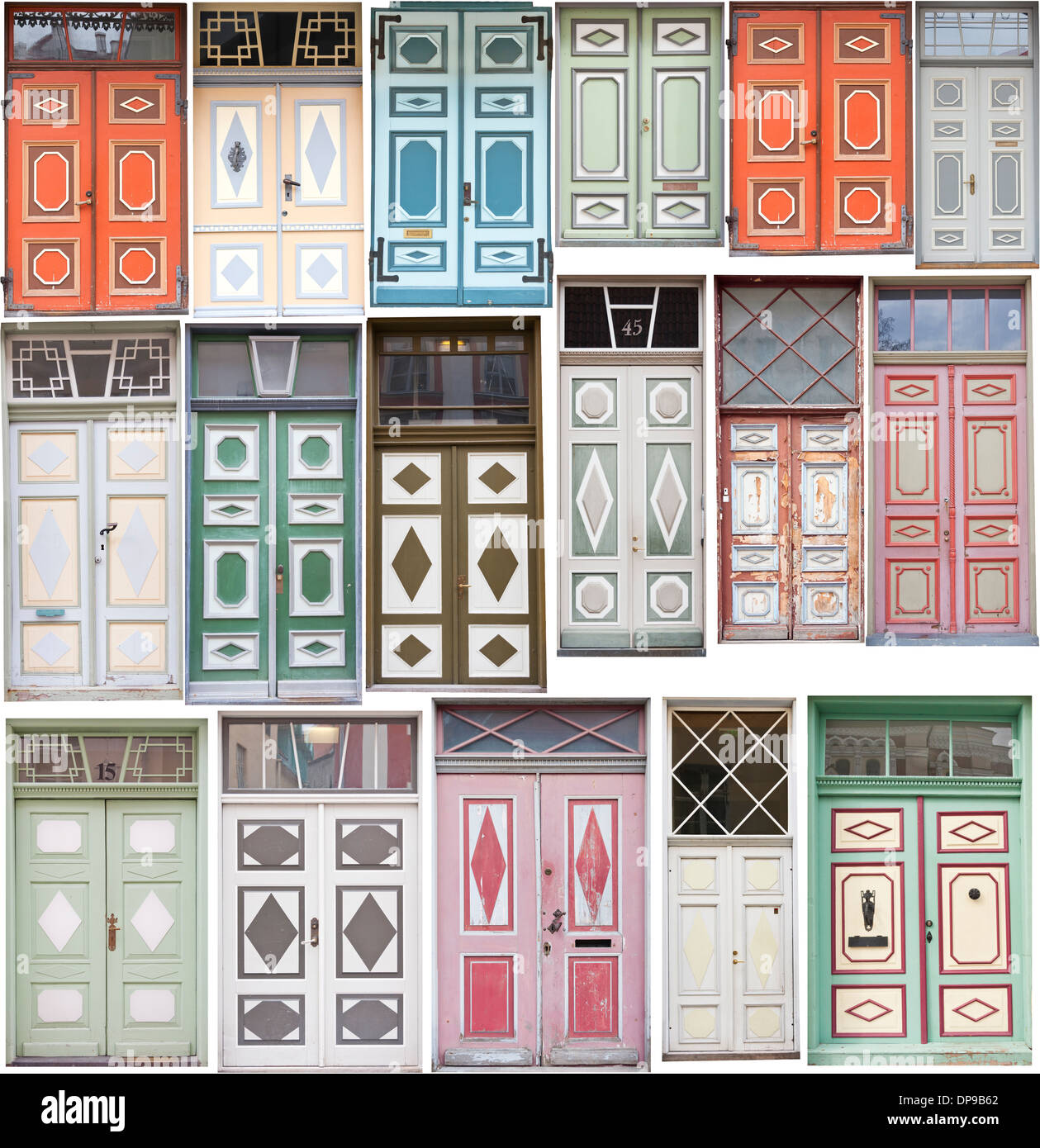 Set of several different colorful old style front doors Stock Photo - Alamy