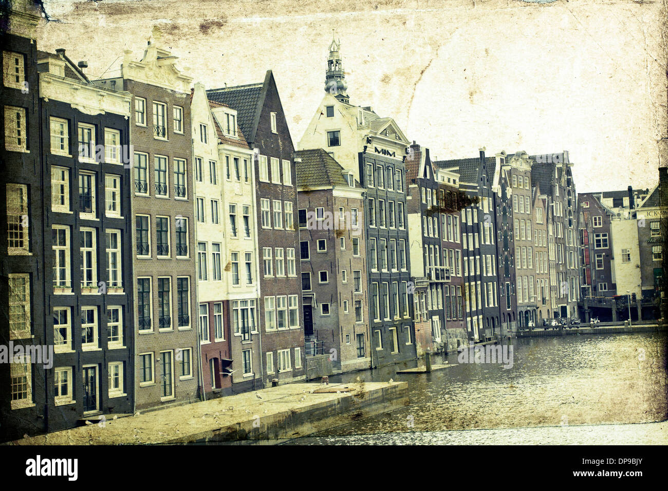 Vintage photo of traditional dutch buildings and canal, in city of ...