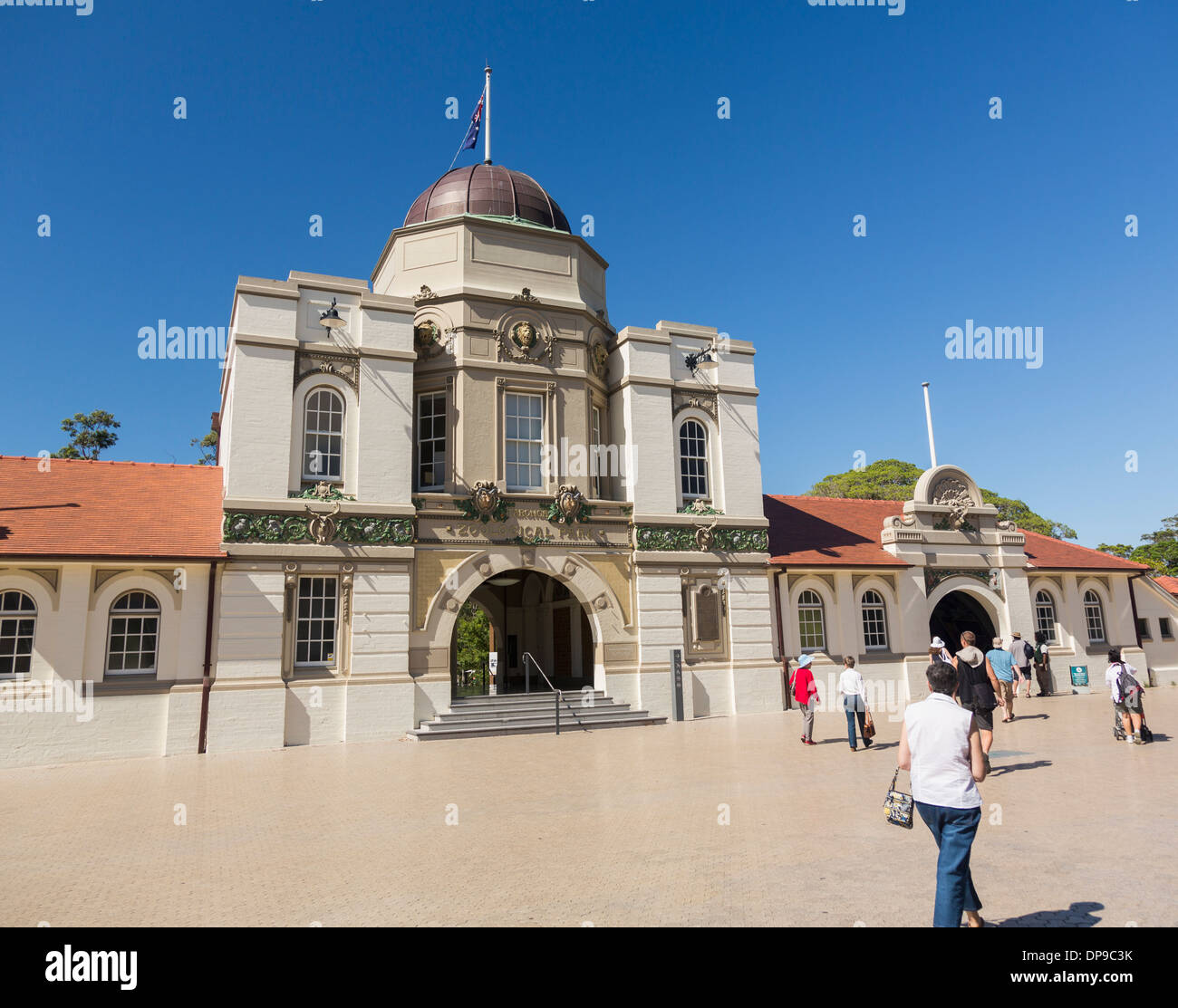 Visitors at the upper main entrance to Taronga Zoo in Sydney, Australia ...