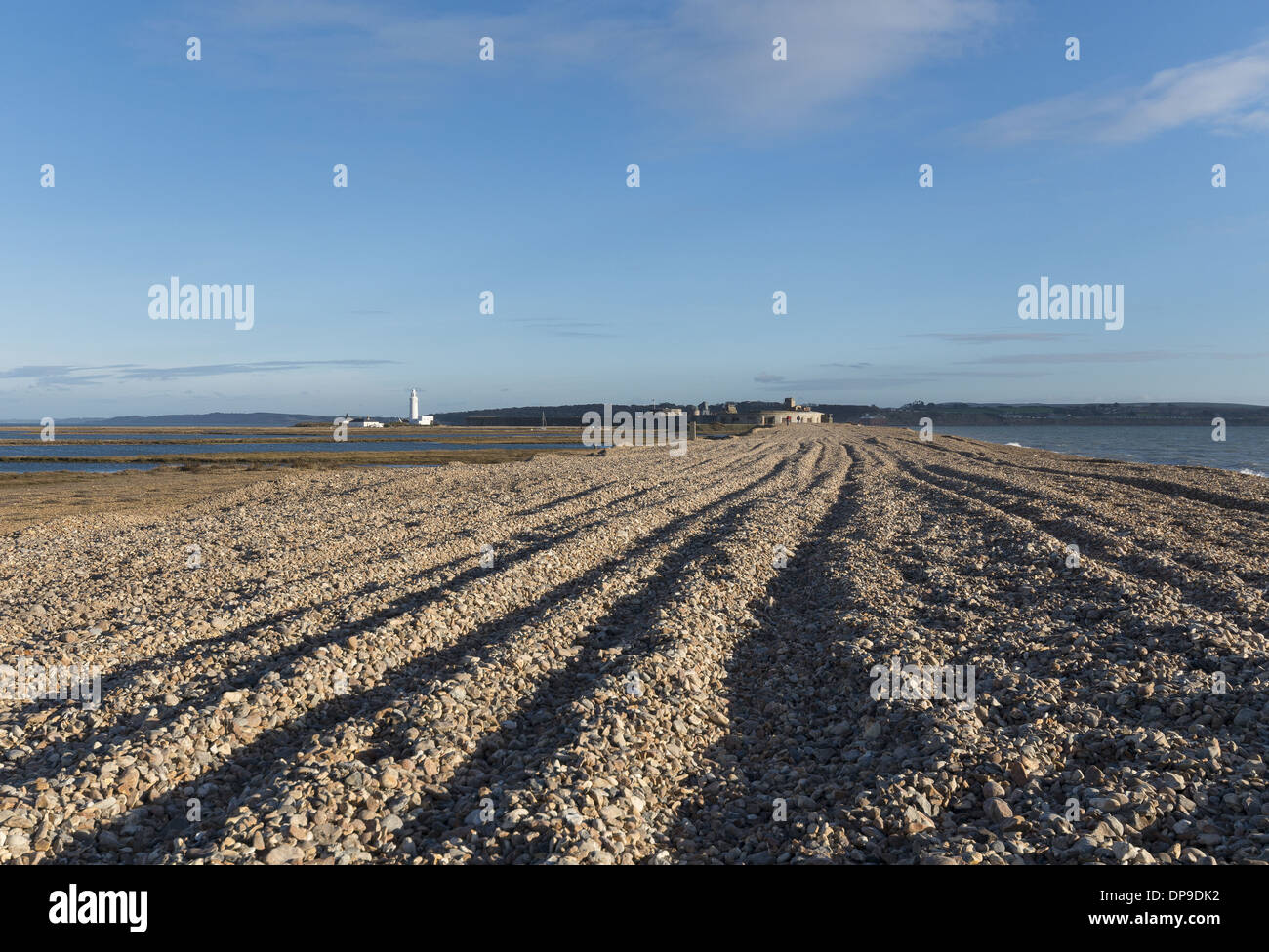 Evening sunlight on the long shingle spit leading to Hurst Castle and ...