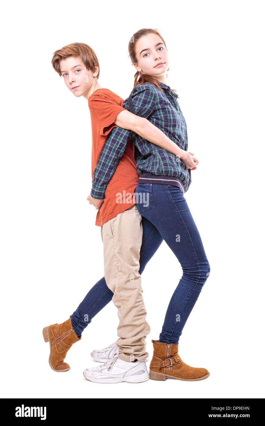 brother and sister back on back, isolated on white Stock Photo - Alamy