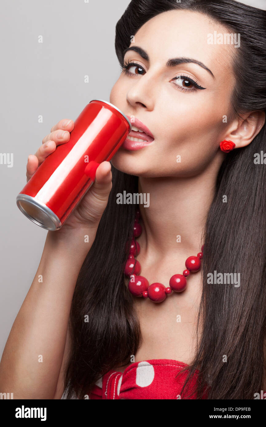 Closeup of drinking soda beautiful stylish model Stock Photo - Alamy