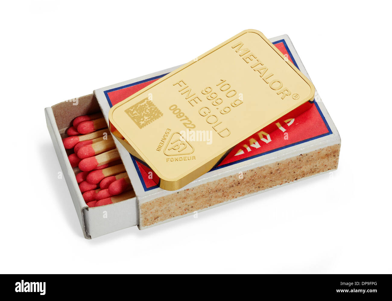 Matchbox gold bar 100g of solid gold Stock Photo - Alamy