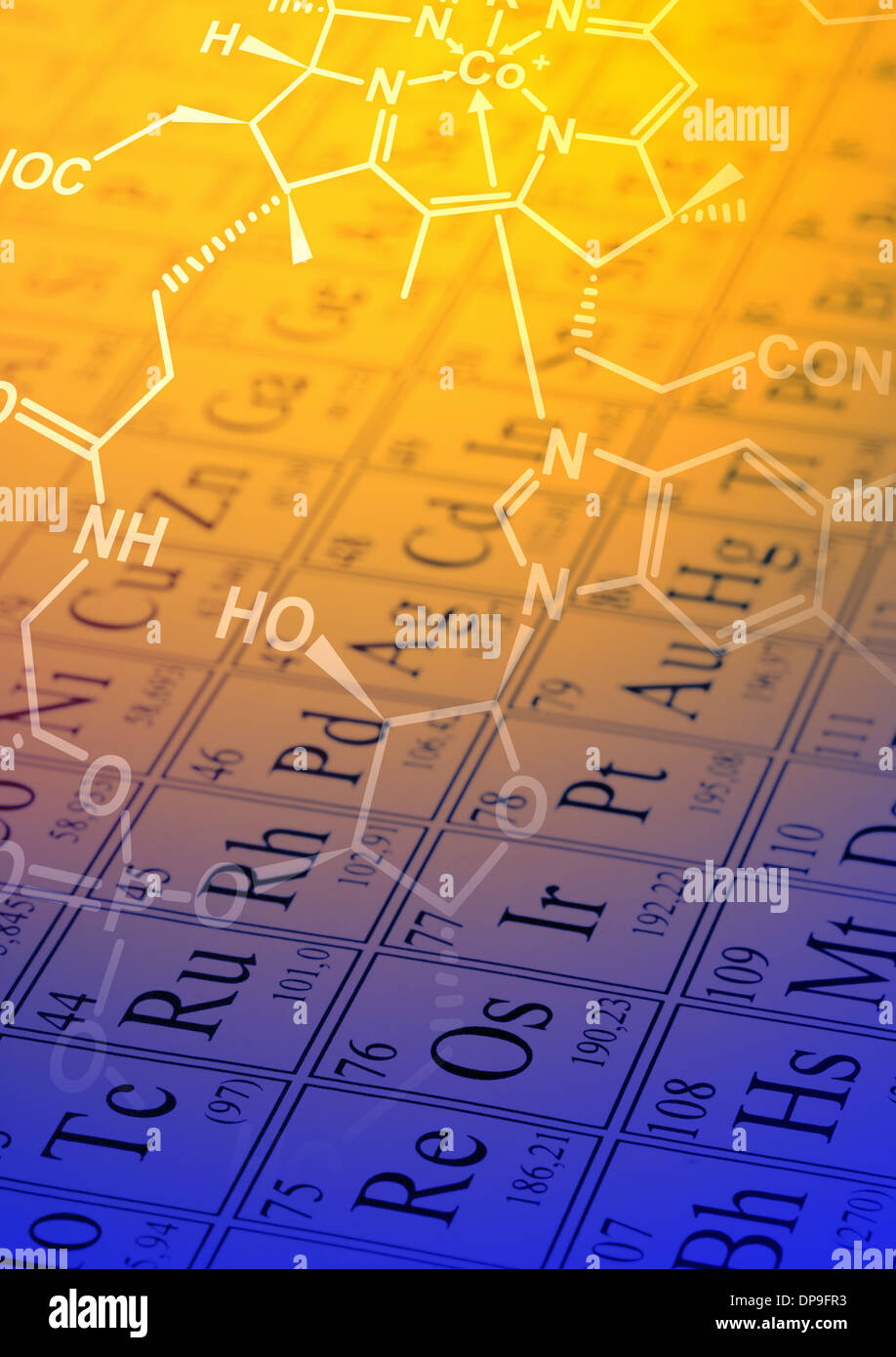 Molecule structural formula model on periodic table of the elements ...
