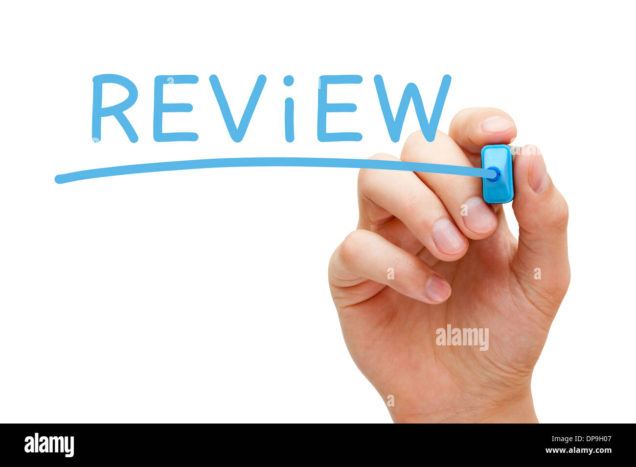 Hand writing Review with blue marker on transparent wipe board Stock ...