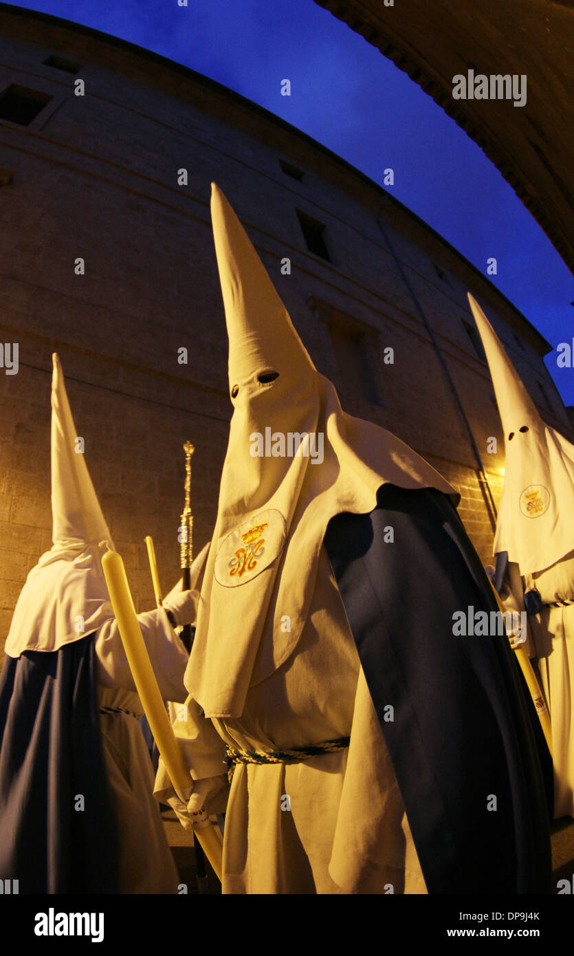 Penitents seen during an easter procession during holy week in Mallorca ...