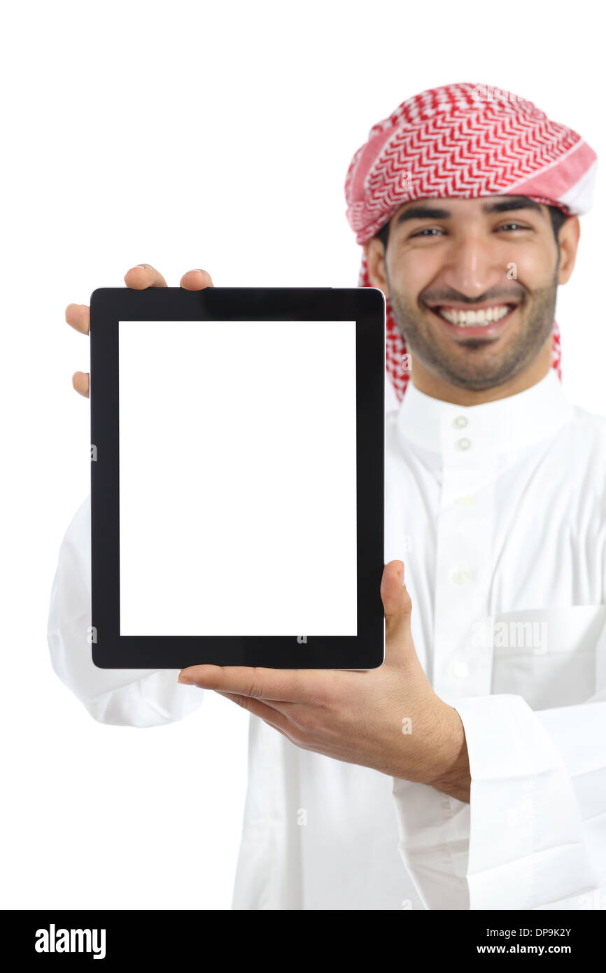 Arab man showing a tablet display app isolated on a white background ...