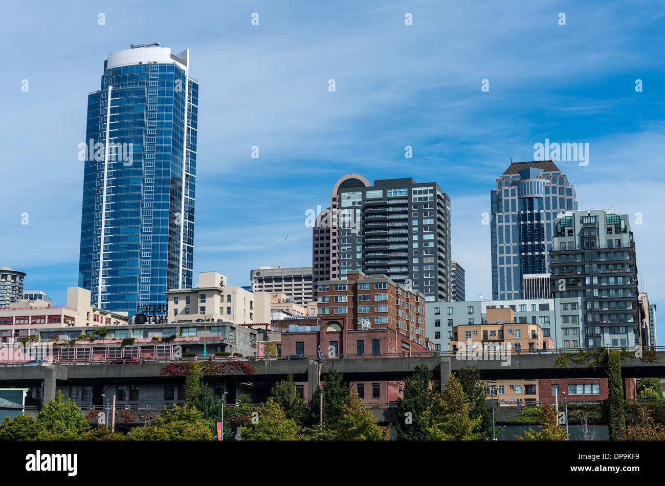 Seattle skyline with apartment buildings view from the waterfront ...
