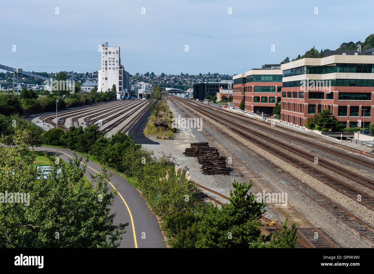 Railyard and office buildings near the waterfront. Seattle, Washington ...