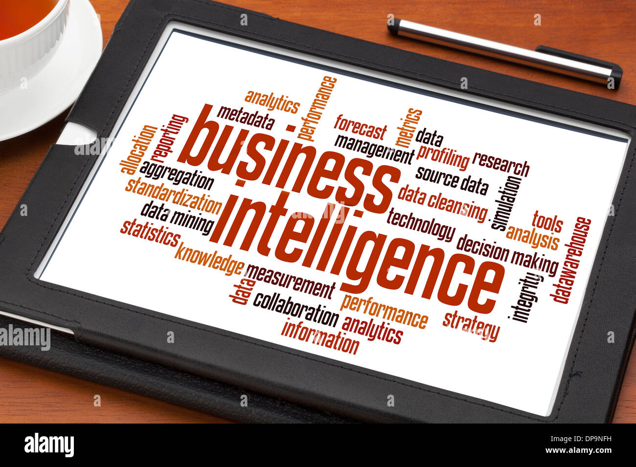 business intelligence word cloud on a digital tablet with a cup of tea ...