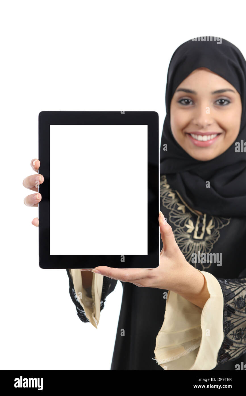 Arab woman showing a tablet display application isolated on a white ...