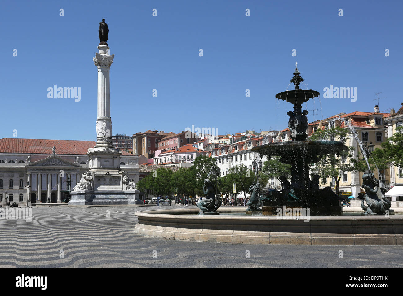 Rossio square in Lisbon Portugal with a statue and a fountain Stock ...
