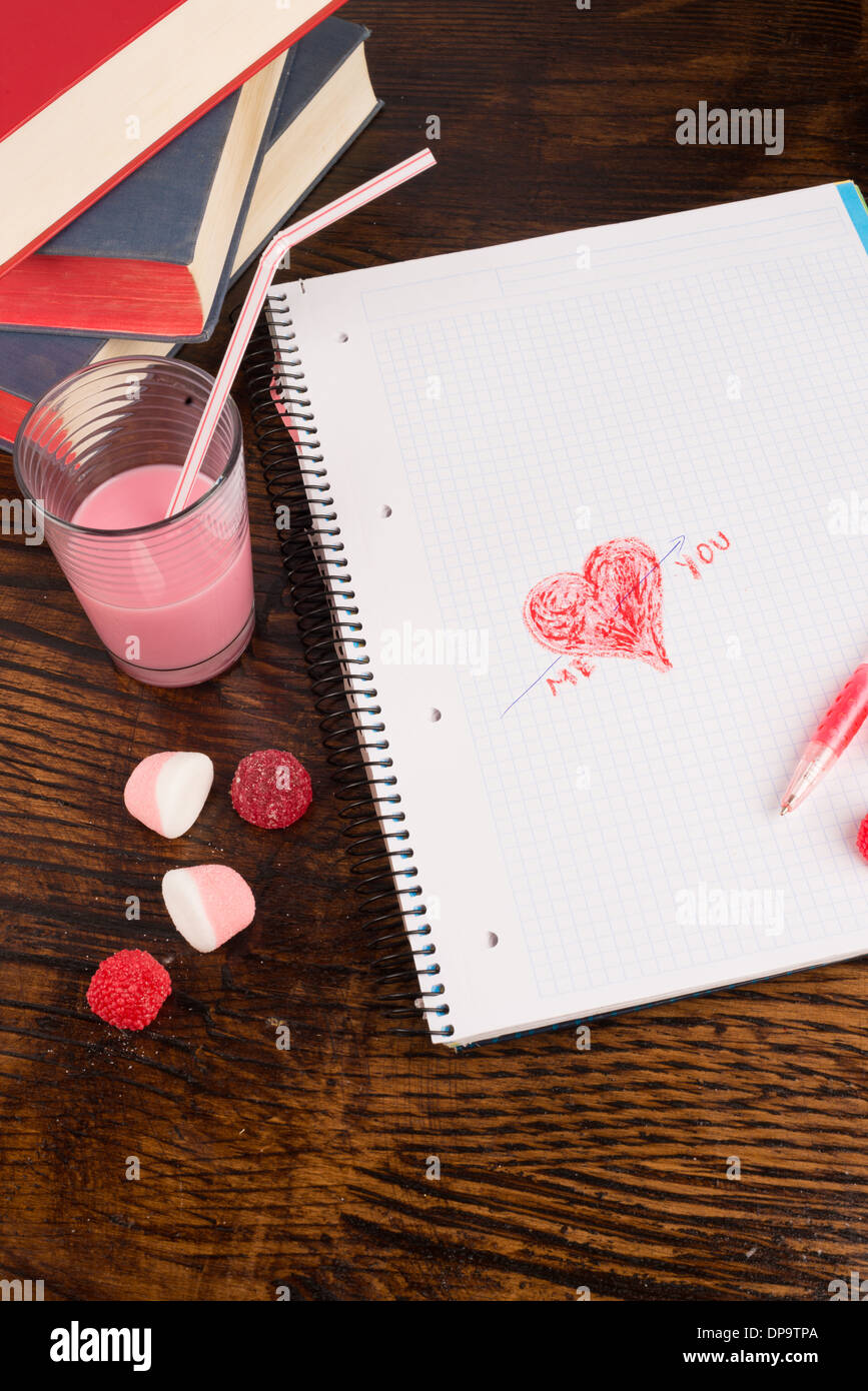 Romantic scribbling in a school notebook, a Valentines still life Stock ...