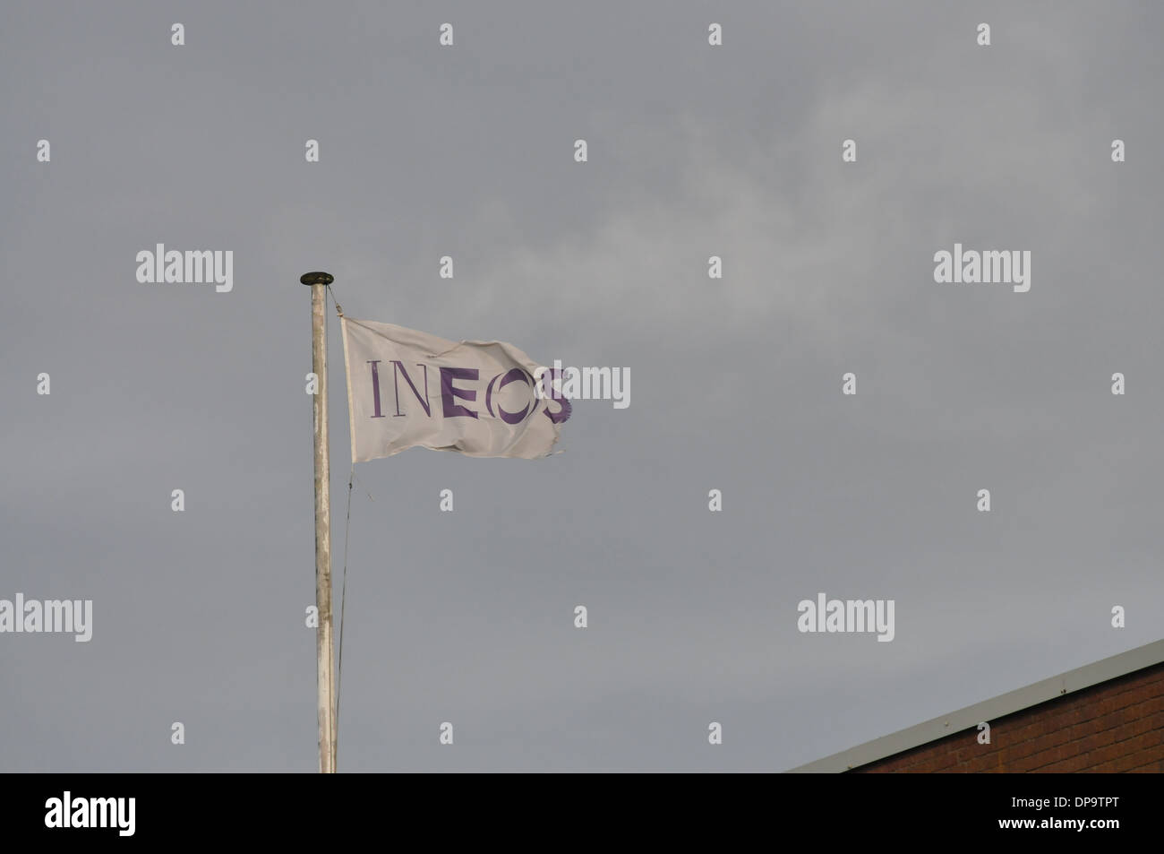 Ineos flag flying at the petrochechemical plant in Grangemouth ...