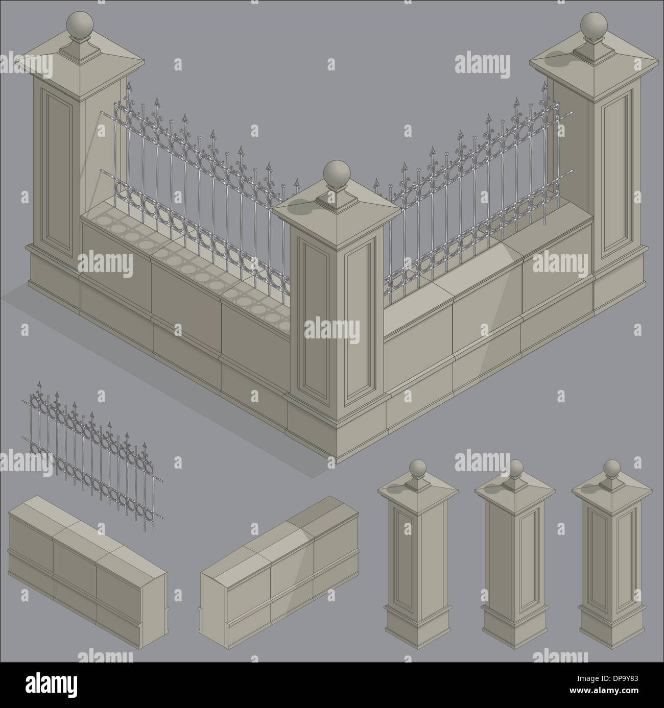 Vector isometric stone fence set, construction kit with shadow Stock ...