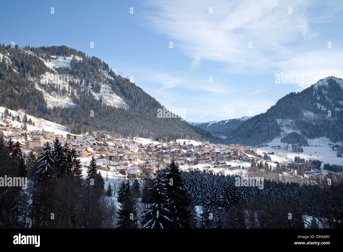 The French skiing village of Chatel in winter snow, Haute Savoie ...