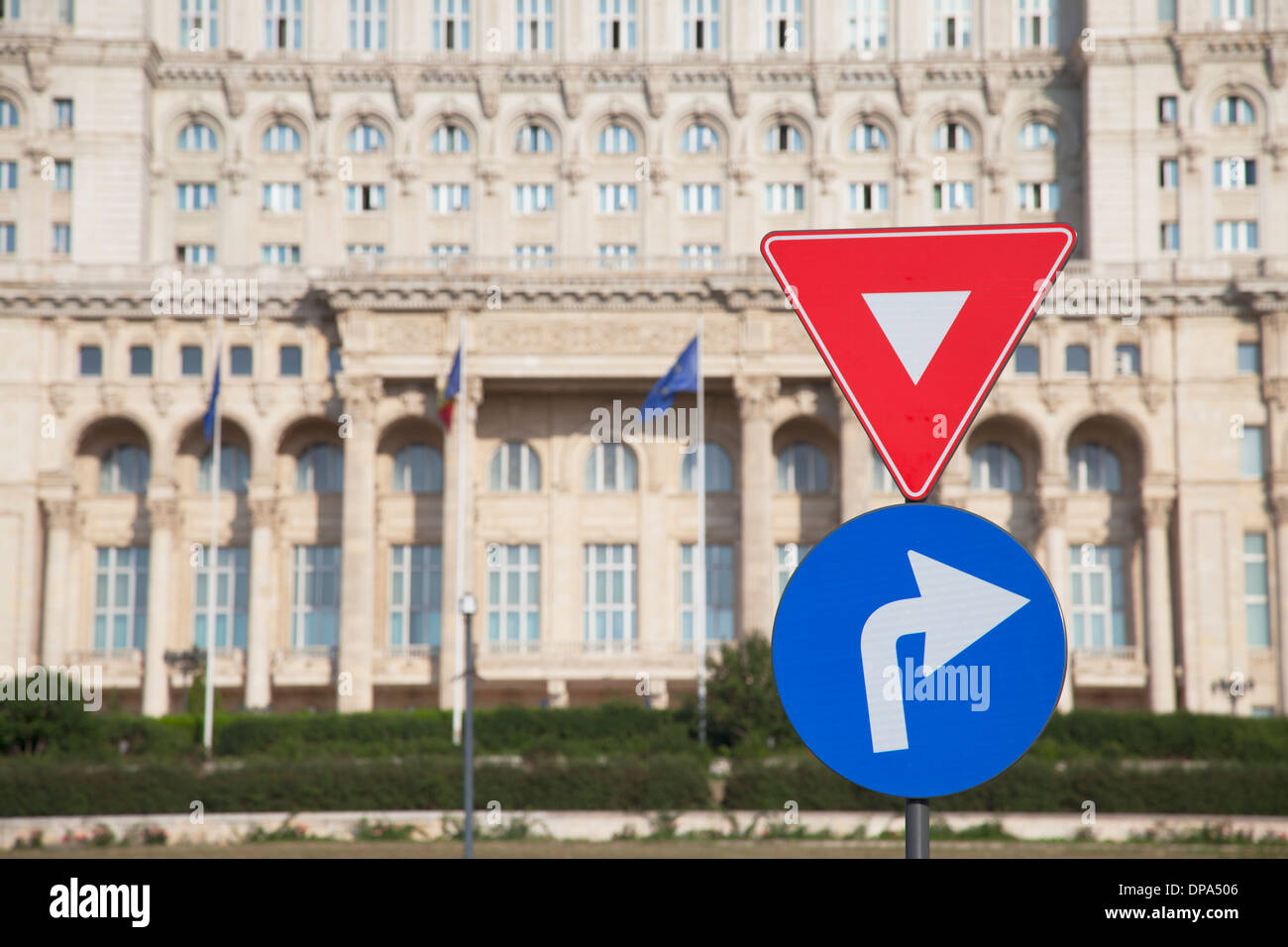 Road sign outside Palace of Parliament, Bucharest, Romania Stock Photo ...