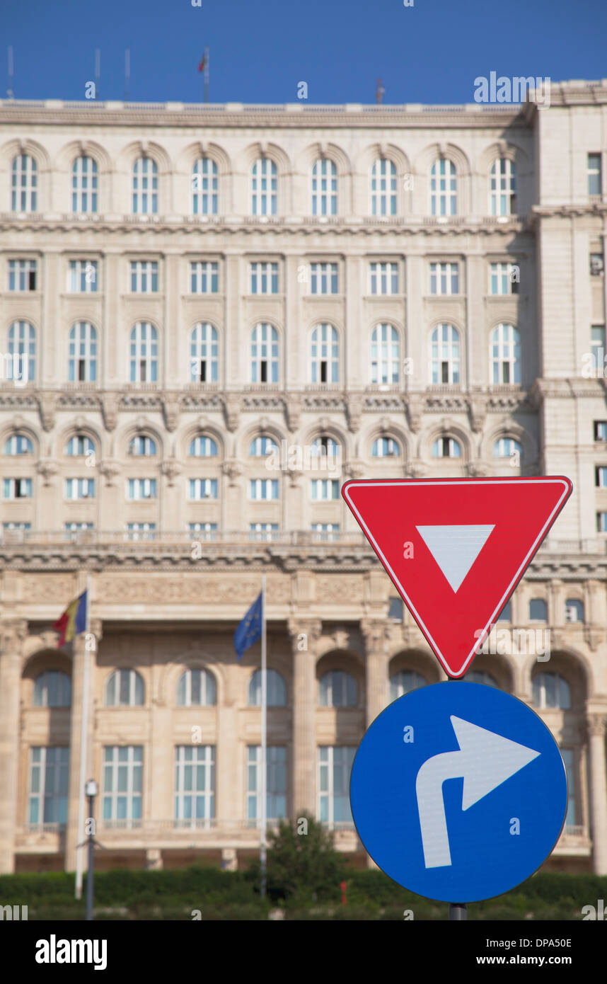 Road sign outside Palace of Parliament, Bucharest, Romania Stock Photo ...