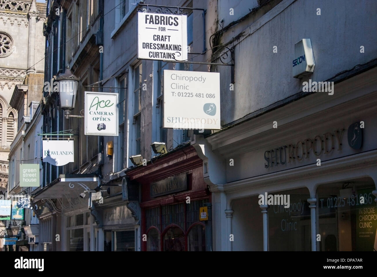 Bath City, Somerset. Shop signs along Green Street looking down to St ...