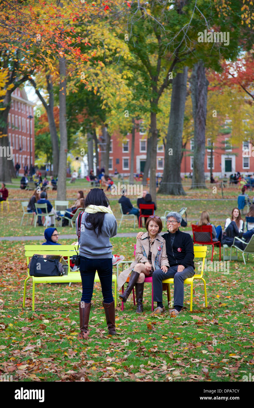Family in Harvard Yard, old heart of Harvard University campus, on a ...
