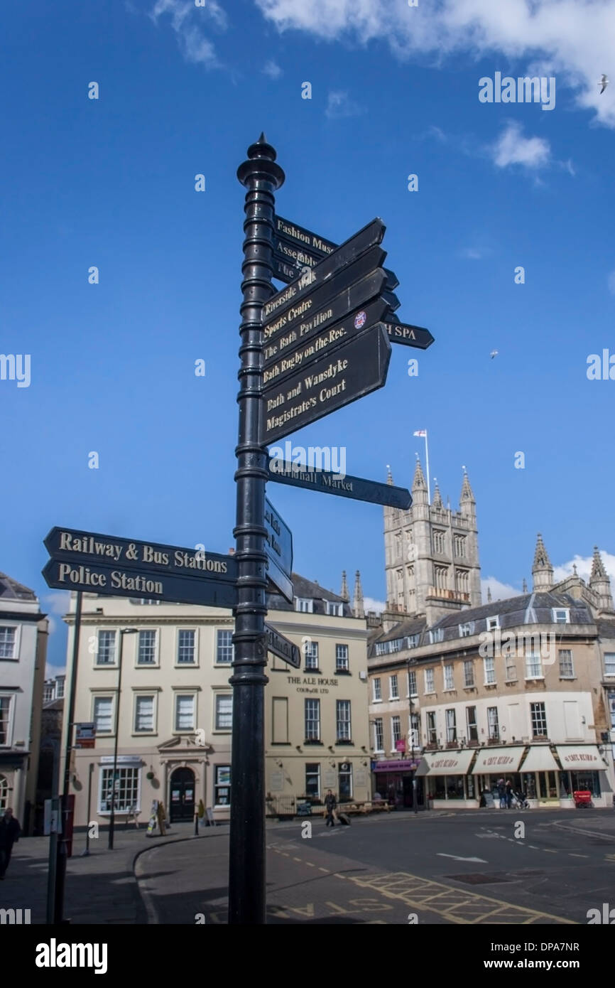 Tourist sign in Terrace Walk, Bath City, Somerset, UK. Bath Abbey in ...