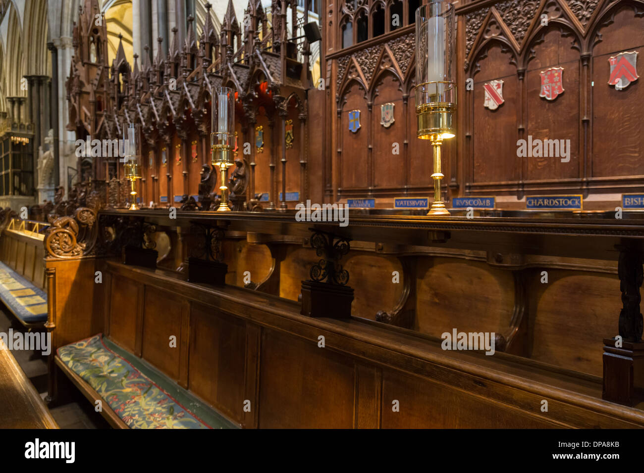 Interior of Salisbury Cathedral. Choir seating with wooden panels and ...
