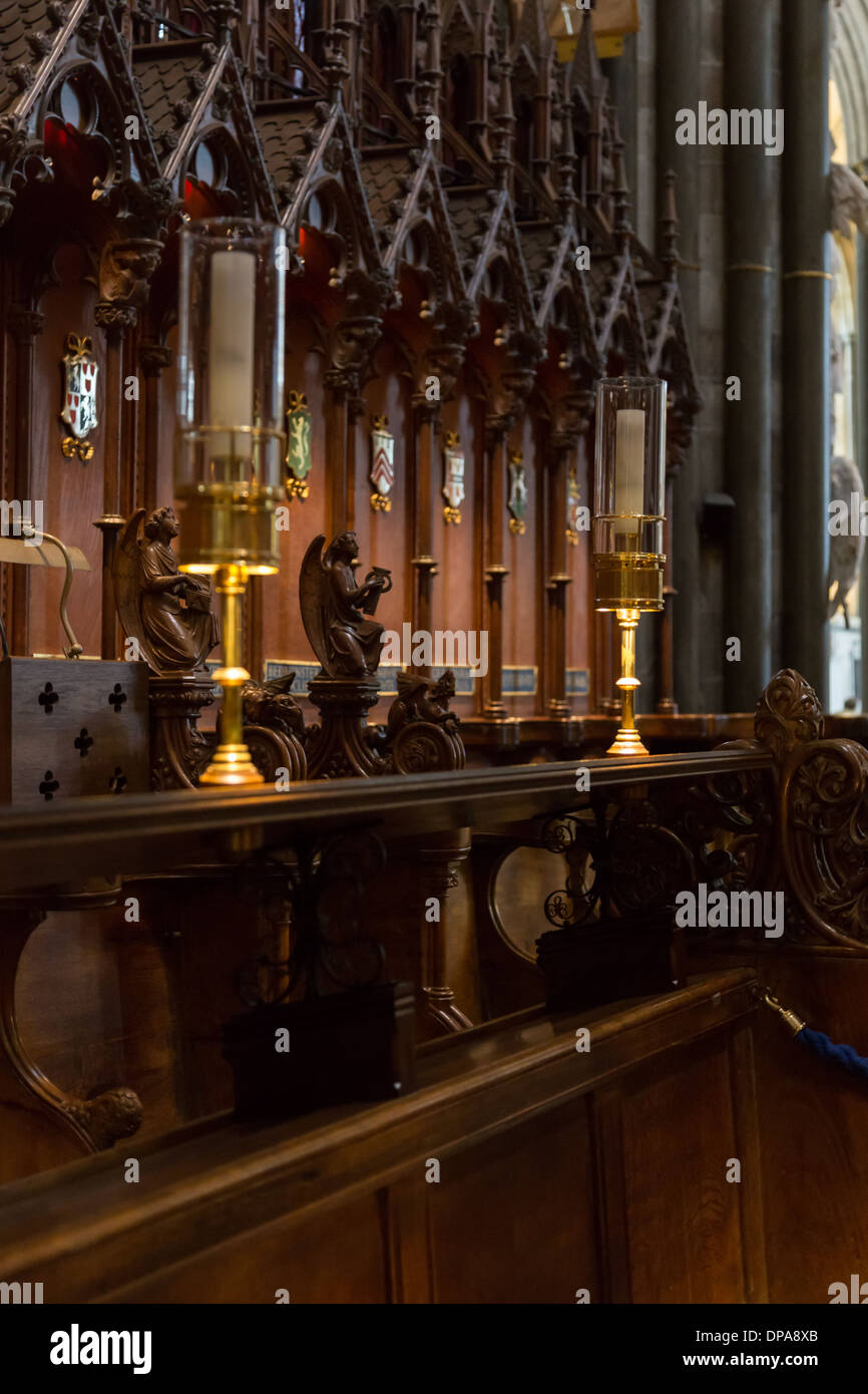 Wooden carved panels and seats in Choir section of Salisbury Cathedral ...