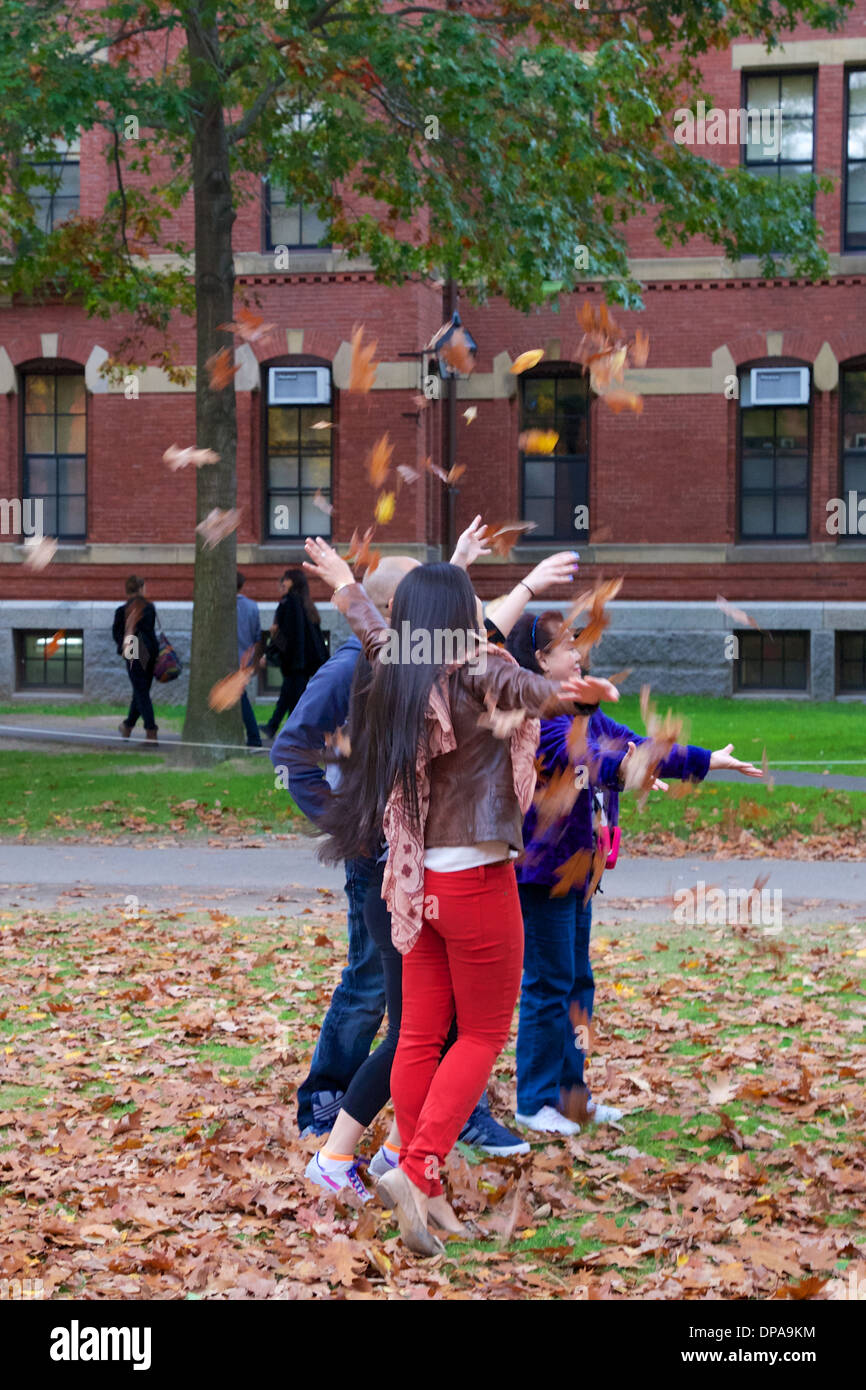Tourists at Harvard Yard, old heart of Harvard University campus, on a ...