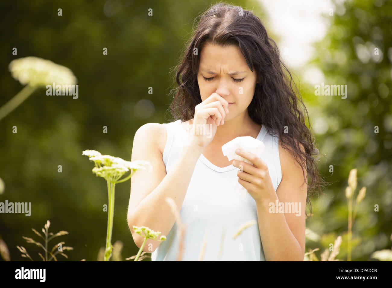 Girl with tissue rubbing nose Stock Photo - Alamy