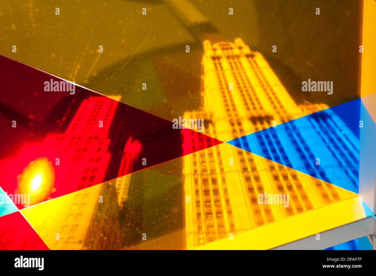 New York city skyline viewed from below through a glass perspex roof ...