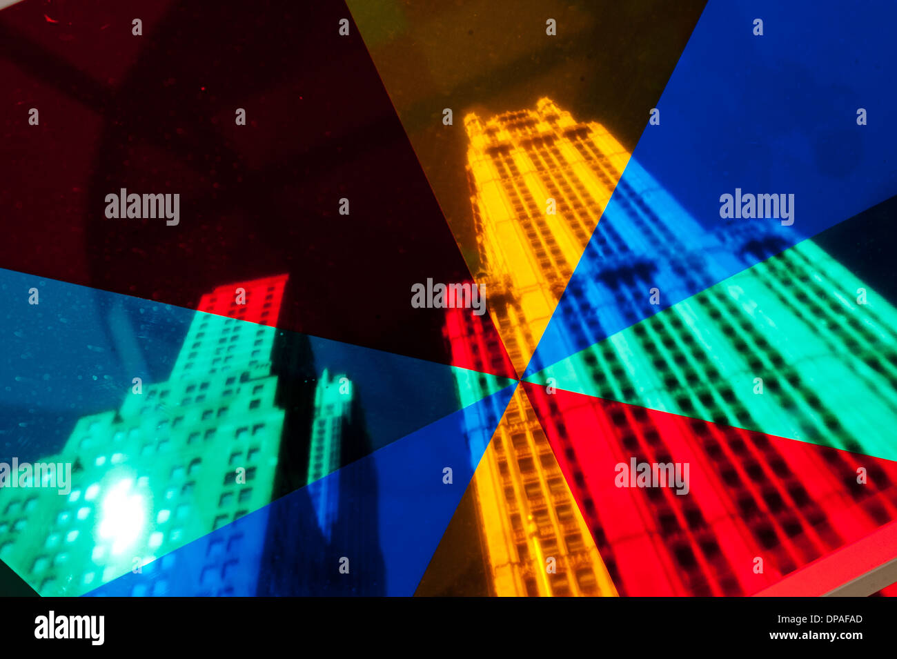 New York city skyline viewed from below through a glass perspex roof ...