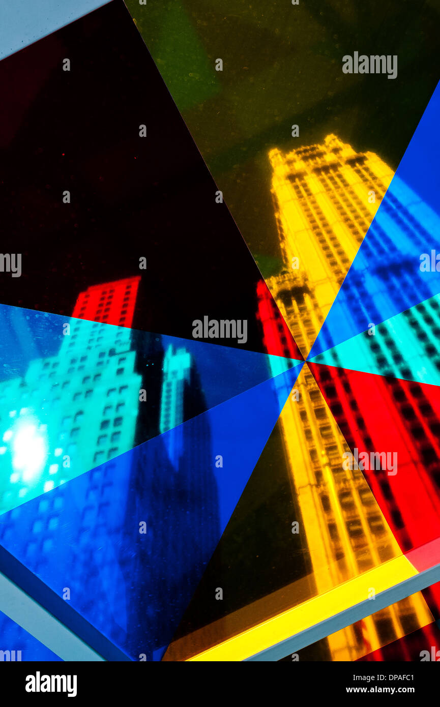 New York city skyline viewed from below through a glass perspex roof ...